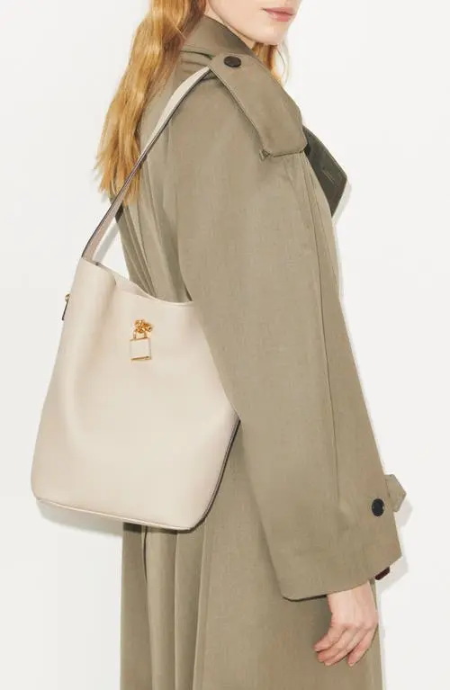 Tory Burch Slim Lock Leather Bucket Bag - Light Stone