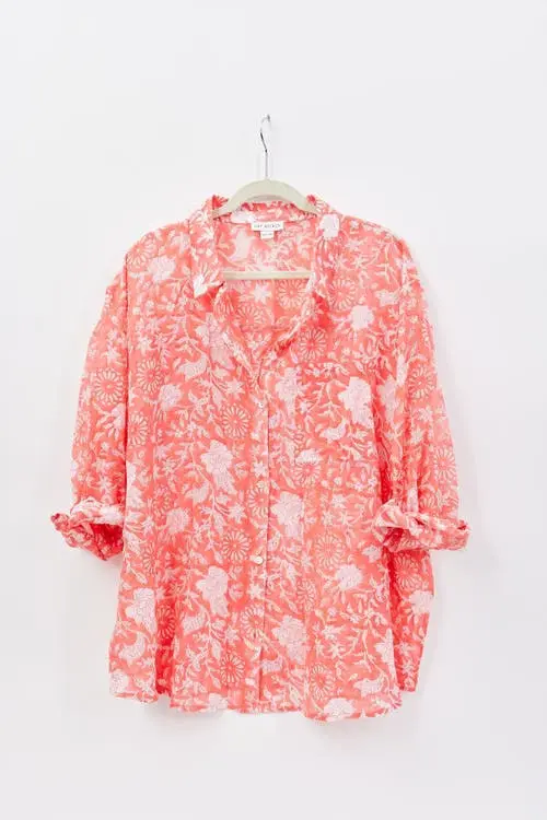 Hat Attack Printed Beach Shirt - Flora Coral