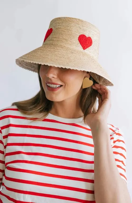 SUNSHINE TIENDA Embroidered Heart Palm Straw Bucket Hat