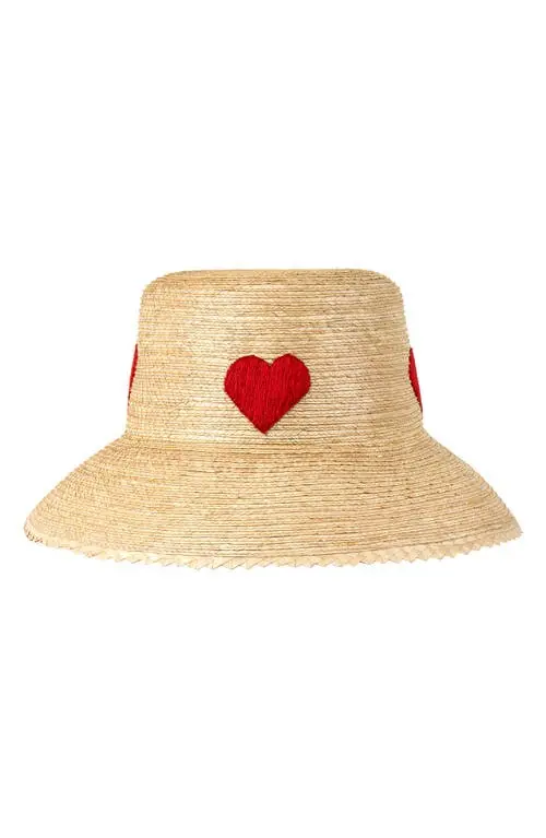 SUNSHINE TIENDA Embroidered Heart Palm Straw Bucket Hat - Red