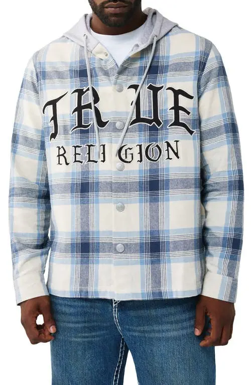 True Religion Hooded Flannel Snap-up Shirt - Winter White/blue