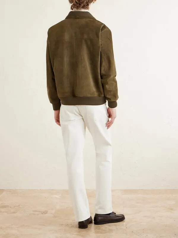 Loro Piana Ribbed Knit-trimmed Suede Bomber Jacket