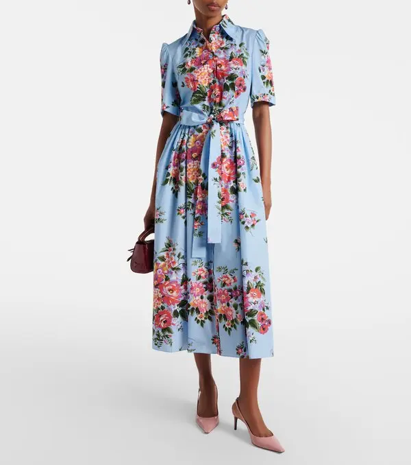 Dolce & Gabbana Floral Cotton Poplin Shirt Dress With Belt - Blue