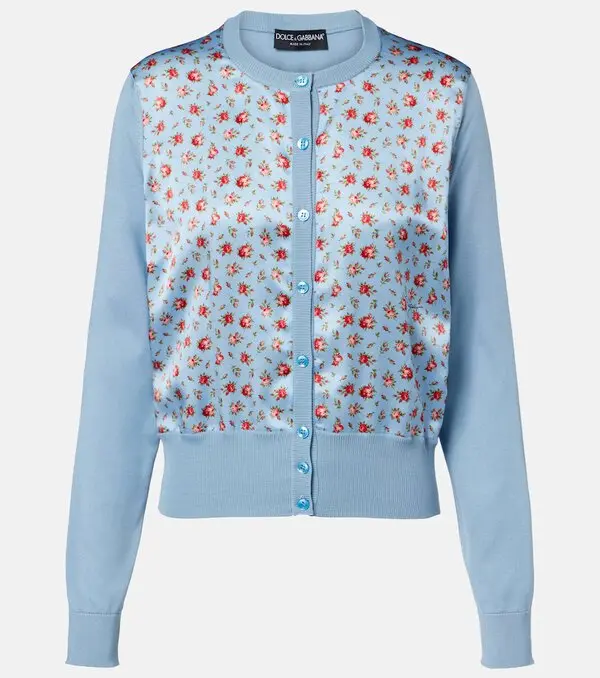 Dolce & Gabbana Floral Paneled Silk Satin Cardigan - Blue
