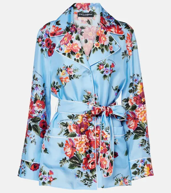 Dolce & Gabbana Floral-print Belted Silk Shirt - Blue