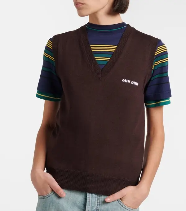 Miu Miu Logo Virgin Wool V-neck Vest