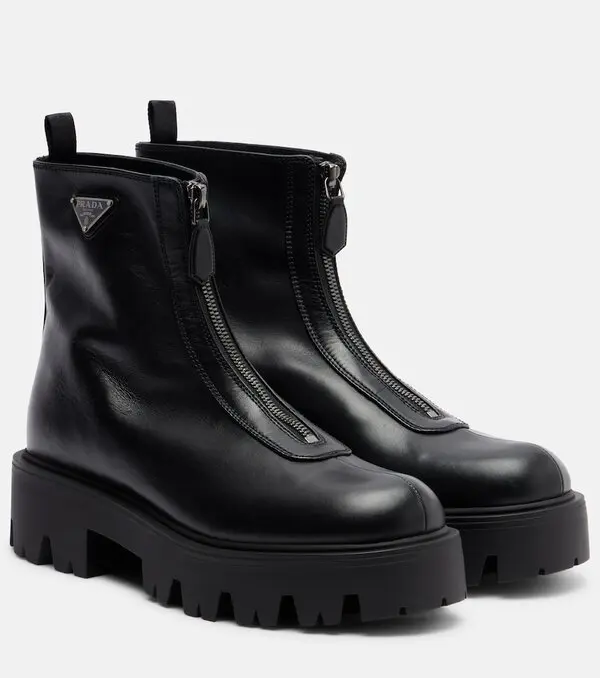 Prada Leather Platform Ankle Boots - Black