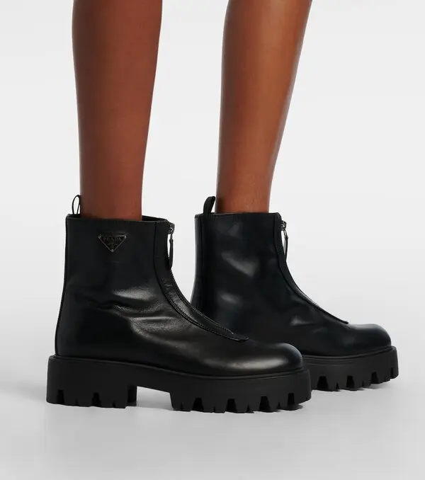 Prada Leather Platform Ankle Boots - Black