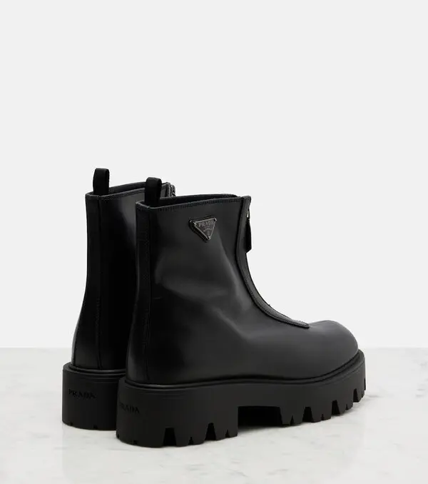 Prada Leather Platform Ankle Boots - Black