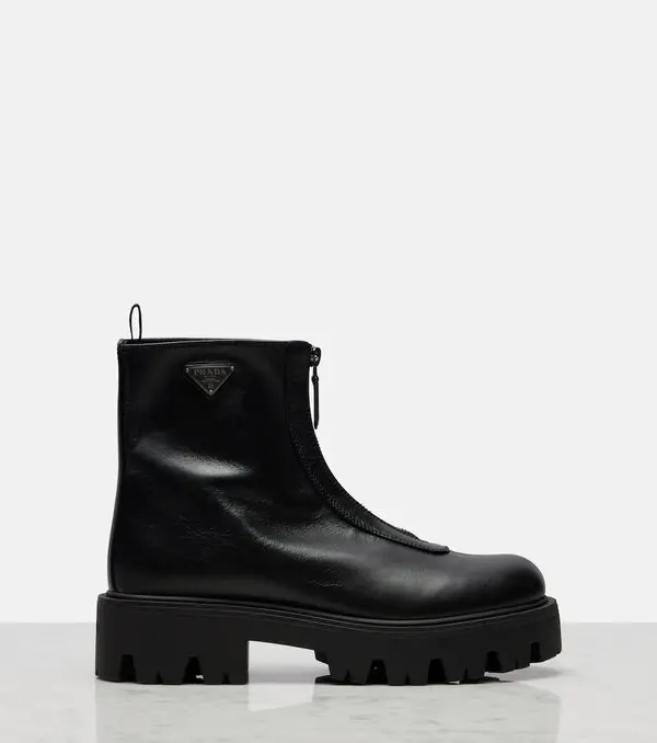 Prada Leather Platform Ankle Boots - Black