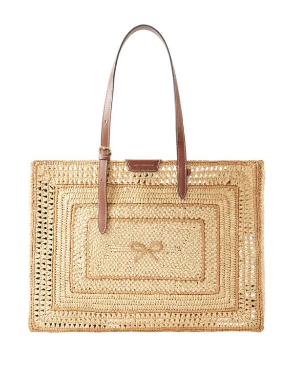 ANYA HINDMARCH Bow Leather-trimmed Raffia Tote - Neutrals