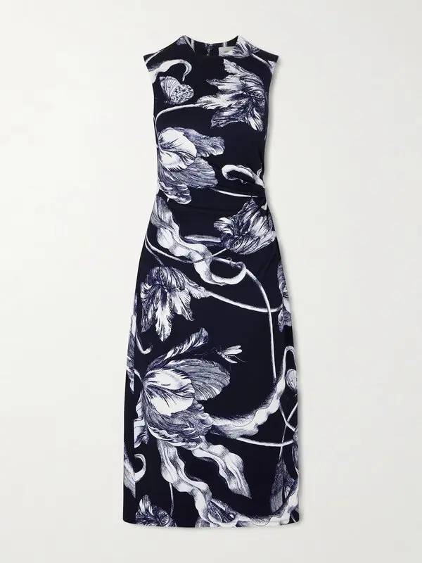 Erdem Gathered Floral-print Ponte Midi Dress - Blue
