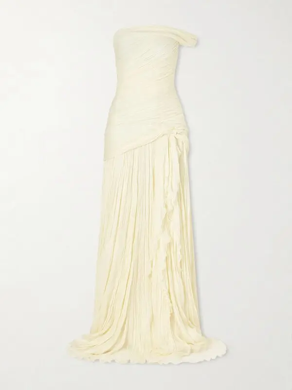 MARMAR HALIM One-shoulder Draped Plissé-chiffon Gown - Yellow