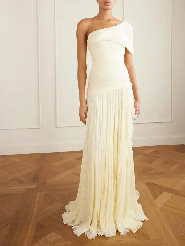 MARMAR HALIM One-shoulder Draped Plissé-chiffon Gown