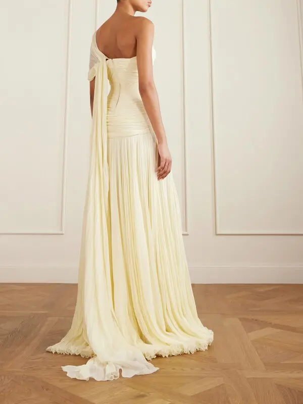 MARMAR HALIM One-shoulder Draped Plissé-chiffon Gown