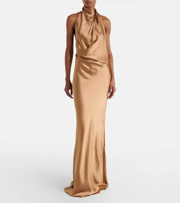 THE SEI Halterneck Silk Satin Gown - Brown