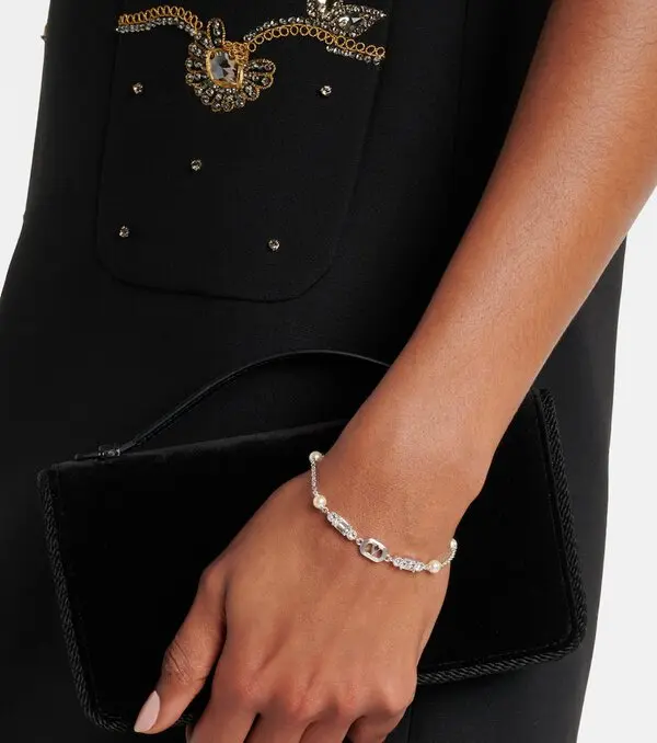 Valentino Garavani Vlogo Embellished Chain Bracelet With Faux Pearls And Crystals
