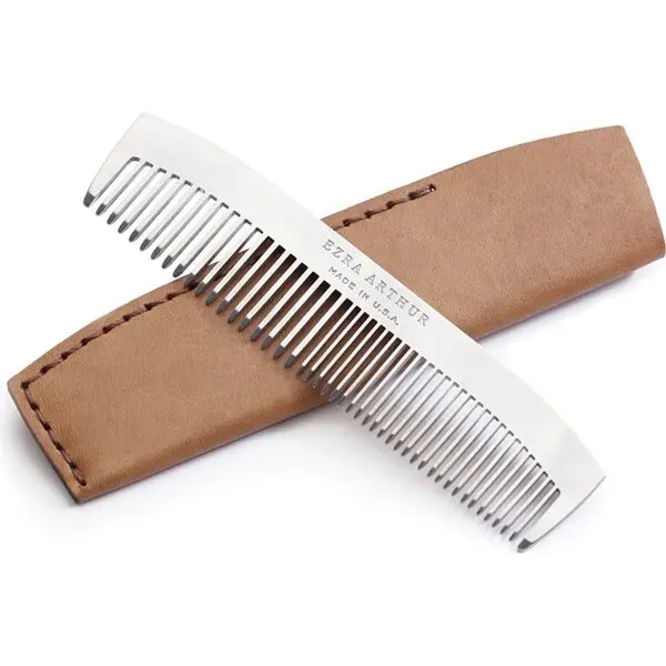 EZRA ARTHUR No. 1827 Metal Pocket Comb With Leather Sleeve - Whiskey