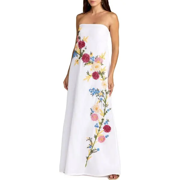 Mac Duggal Strapless Floral Embroidered Linen Gown