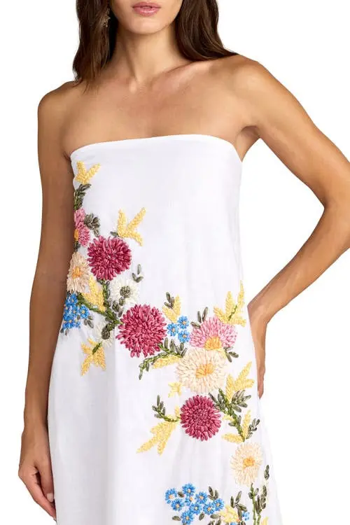 Mac Duggal Strapless Floral Embroidered Linen Gown