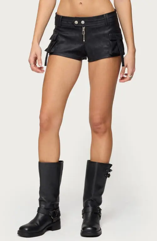EDIKTED Faux Leather Micro Cargo Shorts - Black