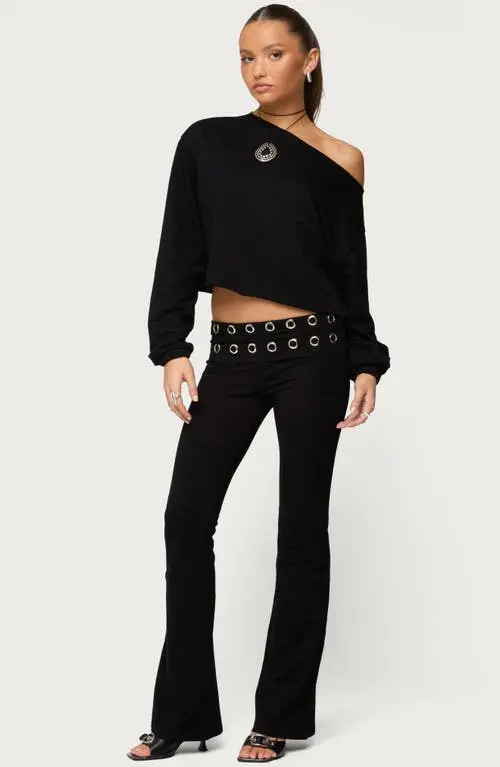 EDIKTED Grommet Foldover Low Rise Flare Pants