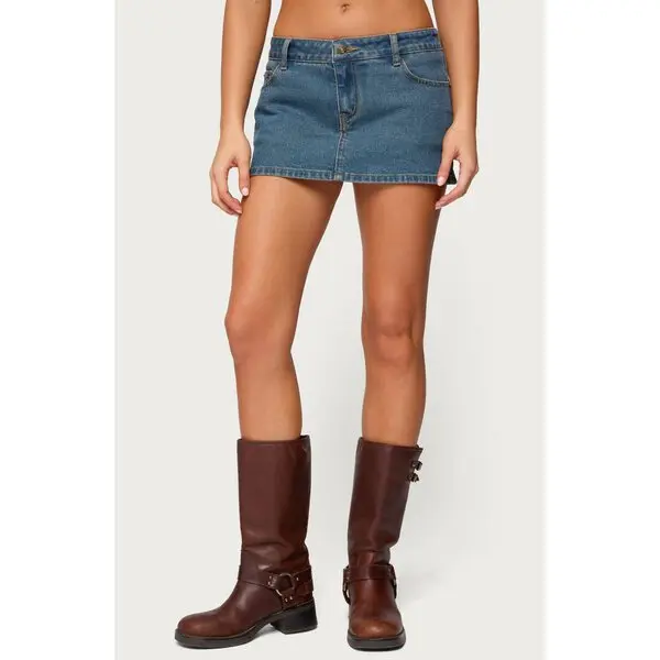 EDIKTED Low Rise Denim Mini Skirt - Blue-washed