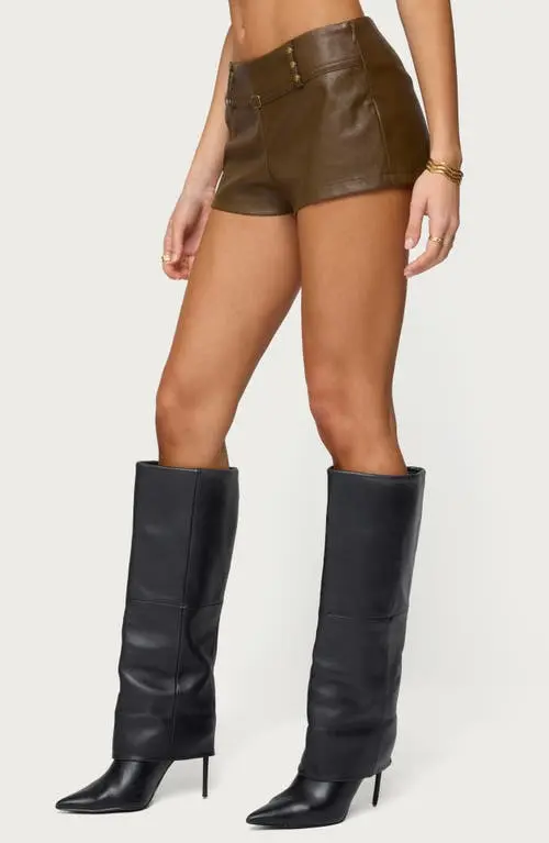 EDIKTED Reese Studded Faux Leather Microshorts - Brown