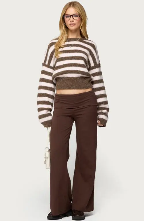 EDIKTED Wide-leg Cotton Pants With Fold-over Waistband - Brown