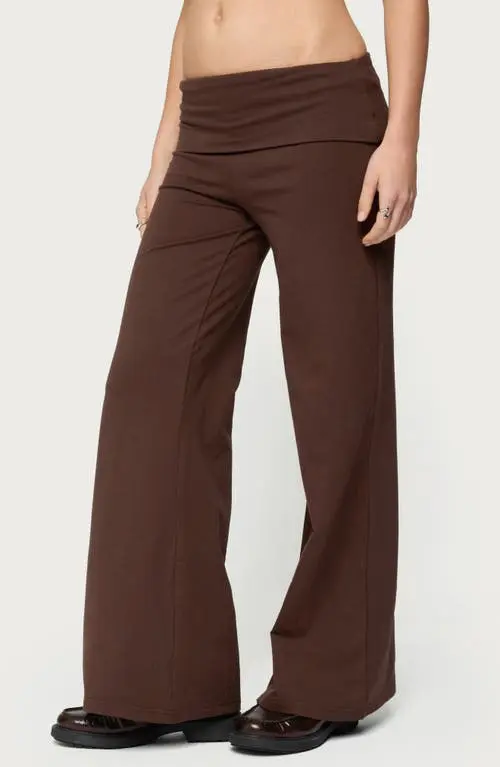 EDIKTED Wide-leg Cotton Pants With Fold-over Waistband - Brown