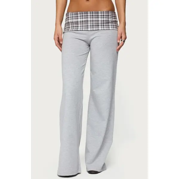 EDIKTED Plaid Fold-over Wide-leg Pants
