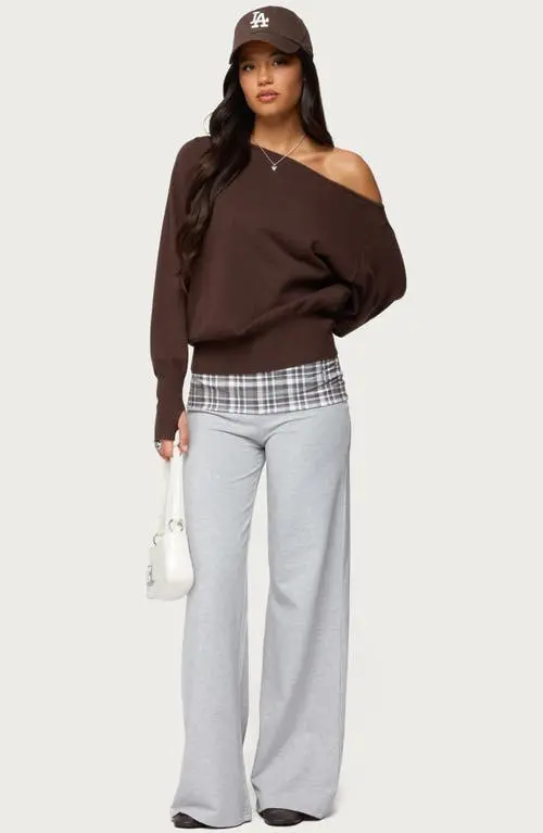 EDIKTED Plaid Fold-over Wide-leg Pants