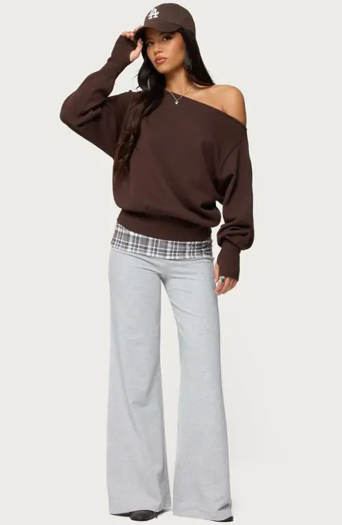 EDIKTED Plaid Fold-over Wide-leg Pants
