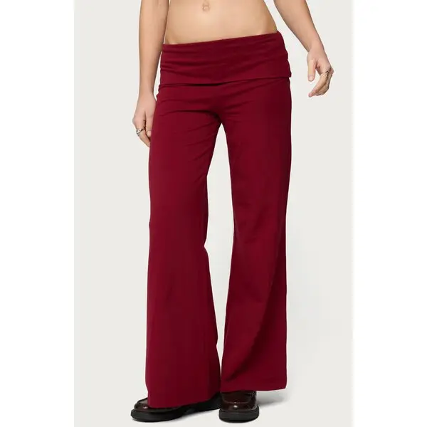 EDIKTED Wide Leg Foldover Cotton Pants - Burgundy