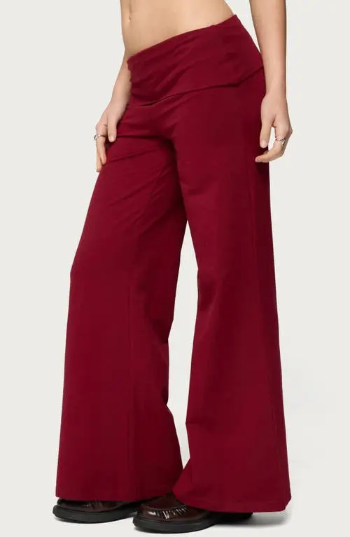EDIKTED Wide Leg Foldover Cotton Pants - Burgundy