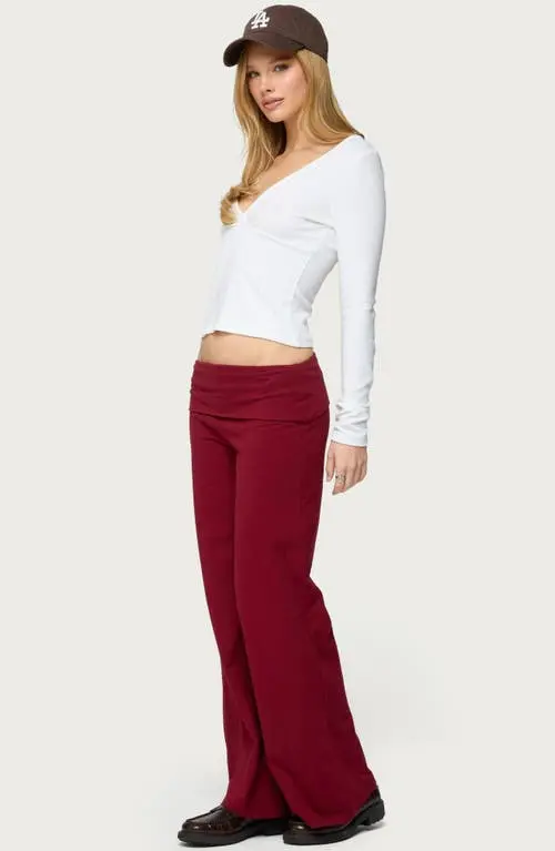 EDIKTED Wide Leg Foldover Cotton Pants - Burgundy