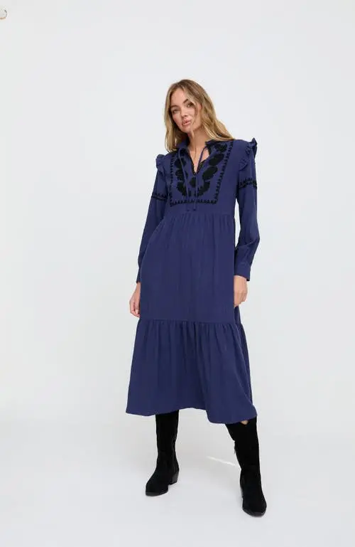 RAFFYA Lulu Embroidered Maxi Dress - Navy