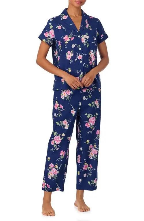 Ralph Lauren Notch Collar Long Pajamas - Navy Print