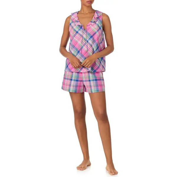 Ralph Lauren Sleeveless Flutter Neck Boxer Short Pajamas - Pink Plaid