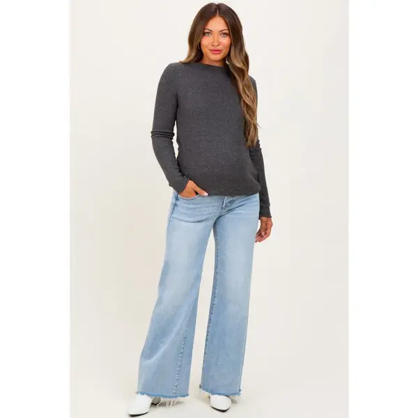 PINKBLUSH Low Rise Wide Leg Raw Cut Hem Maternity Jeans - Light Blue