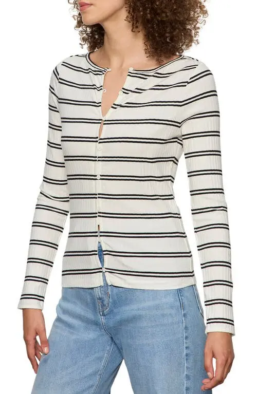 Sanctuary Striped Ribbed Button-front Top - Chalk White/black Stripe