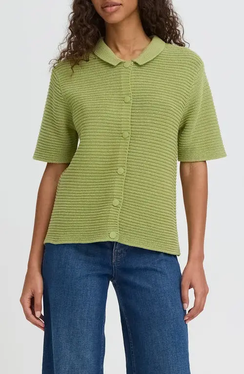 ICHI Textured Cotton Snap-up Polo Sweater
