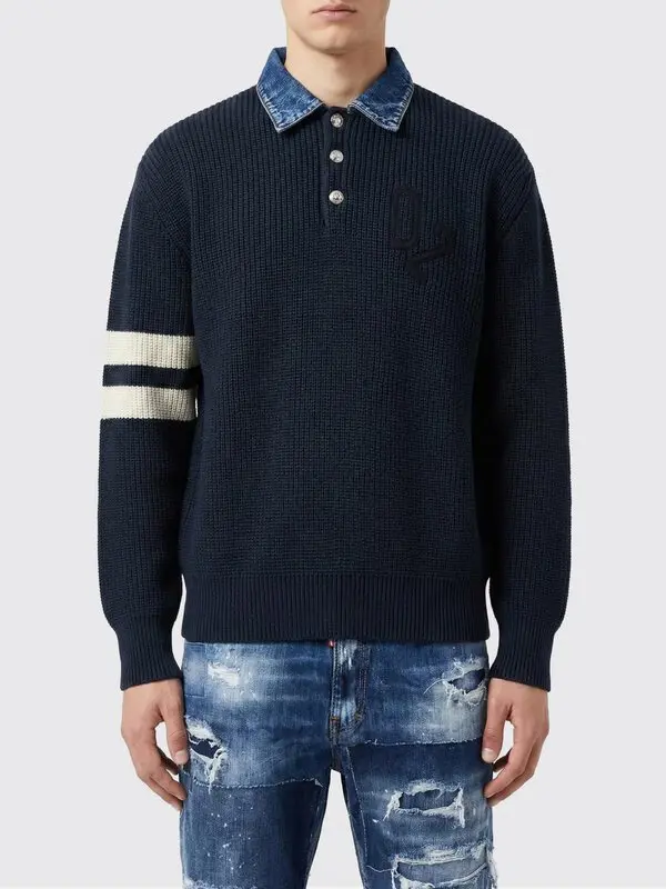 Dsquared2 Cotton Knit Polo With Denim Collar - Blue