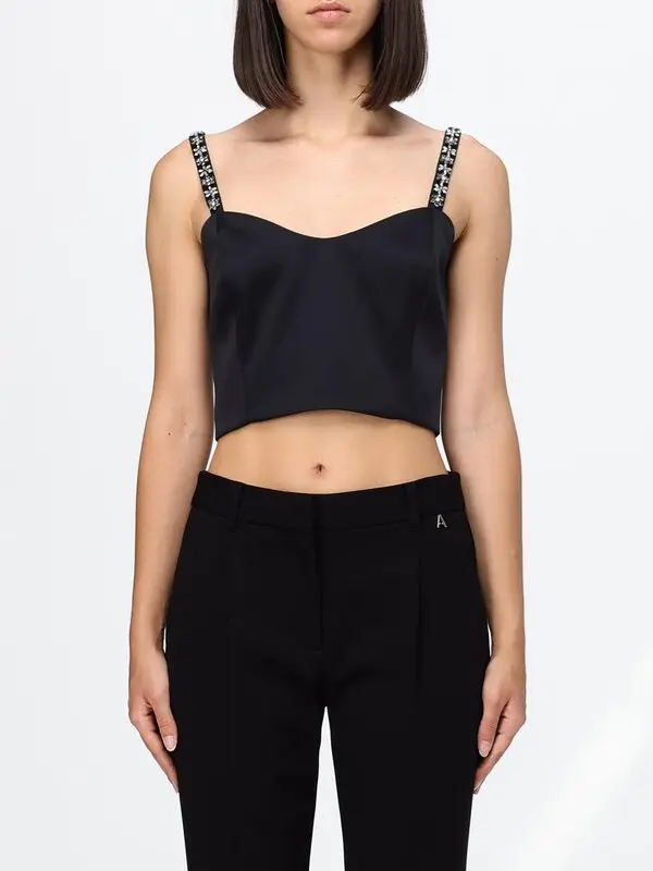 TWINSET Cropped Satin Top With Rhinestone Straps - Black