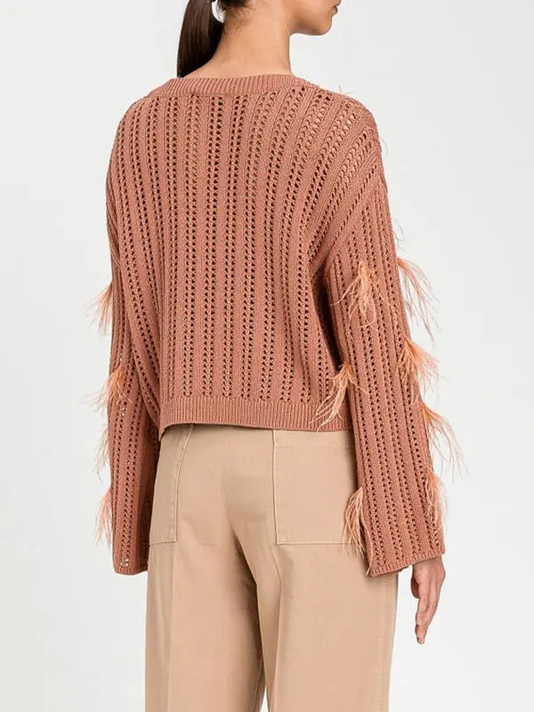 TWINSET Perforated Knit Pullover With Feather Embellishments