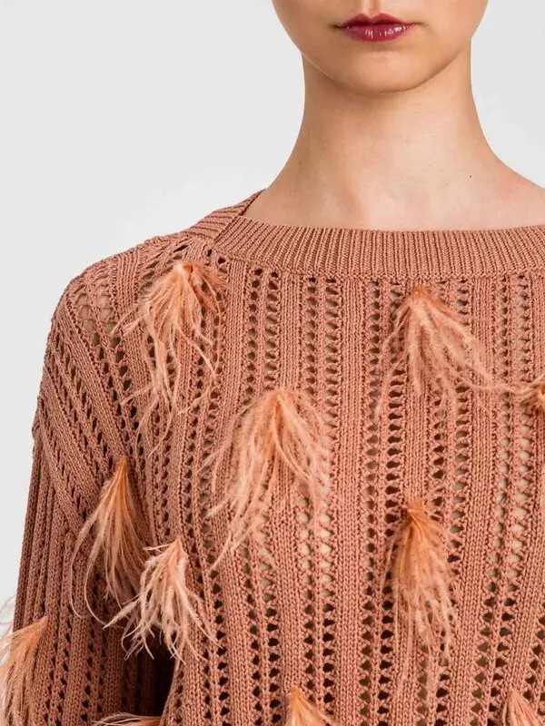 TWINSET Perforated Knit Pullover With Feather Embellishments