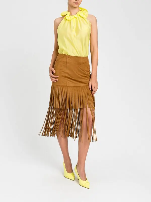 TWINSET Sueded Effect Fringe Midi Skirt