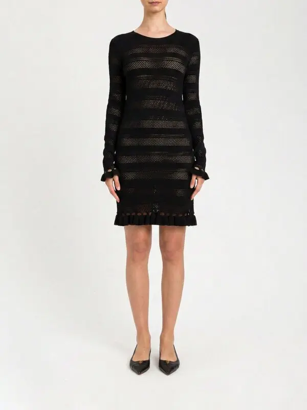 TWINSET Long Sleeve Knit Dress With Ruffled Hem - Black