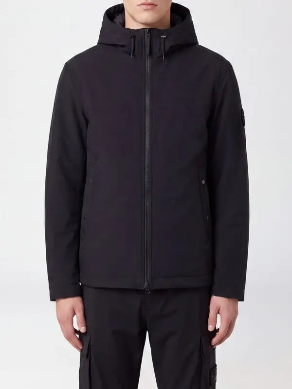 Stone Island Short Hooded Tech Fabric Windbreaker With Logo Patch - Black