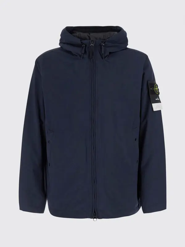 Stone Island Short Hooded Tech Fabric Windbreaker With Logo Patch - Blue
